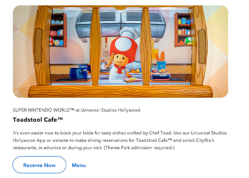 How to make a Reservation for Toadstool Cafe at Universal Studios